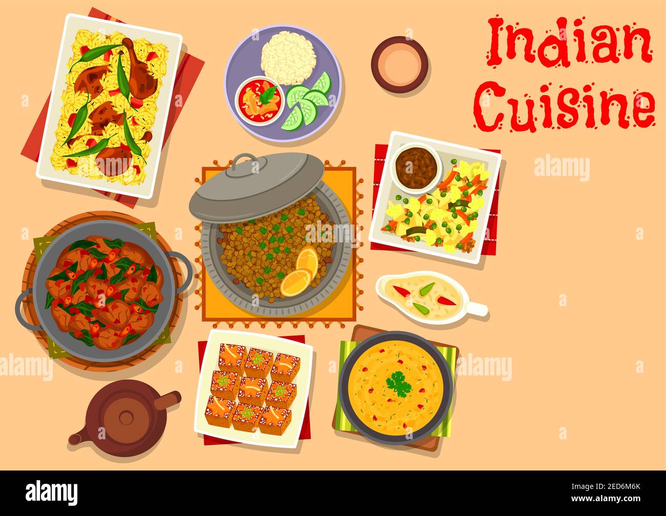 Indian cuisine dinner dishes with dessert icon of lamb and pork curry ...