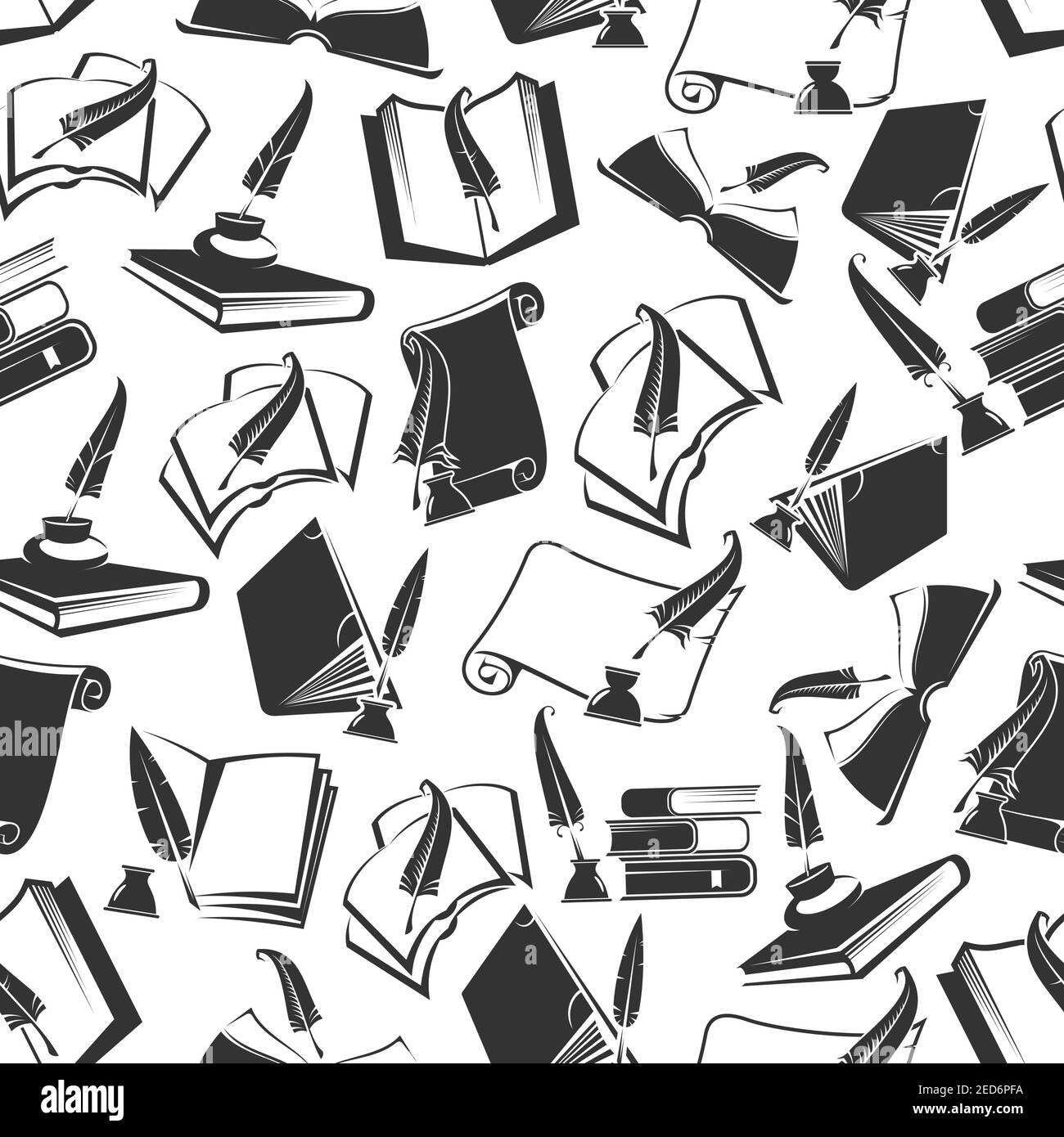 Books and ink quill seamless pattern of vector writing feather fountain ...