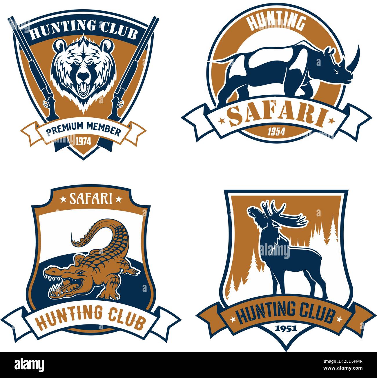 Hunting safari club icons and vector hunt emblems set of wild African ...