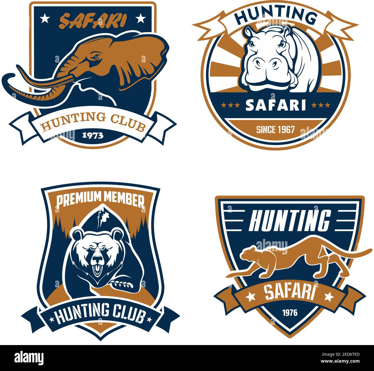 Hunting club emblems and vector icons set. Wild African safari animals ...