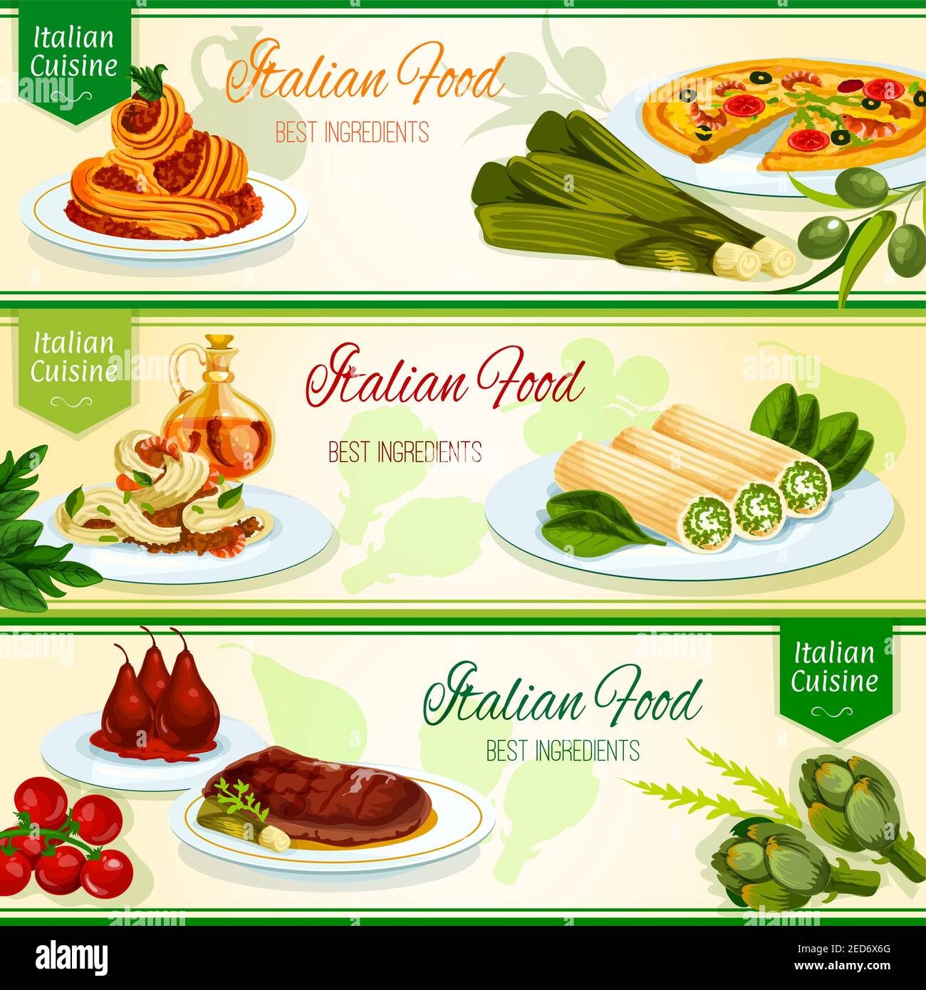 Italian cuisine banner set. Italian seafood pizza and pasta, spaghetti ...