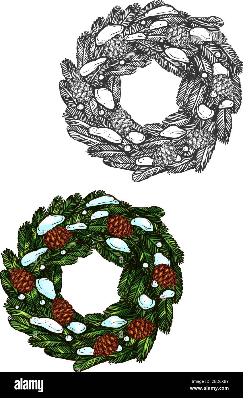 Christmas wreath vector icon. Traditional wreath sketch of fir branches ...