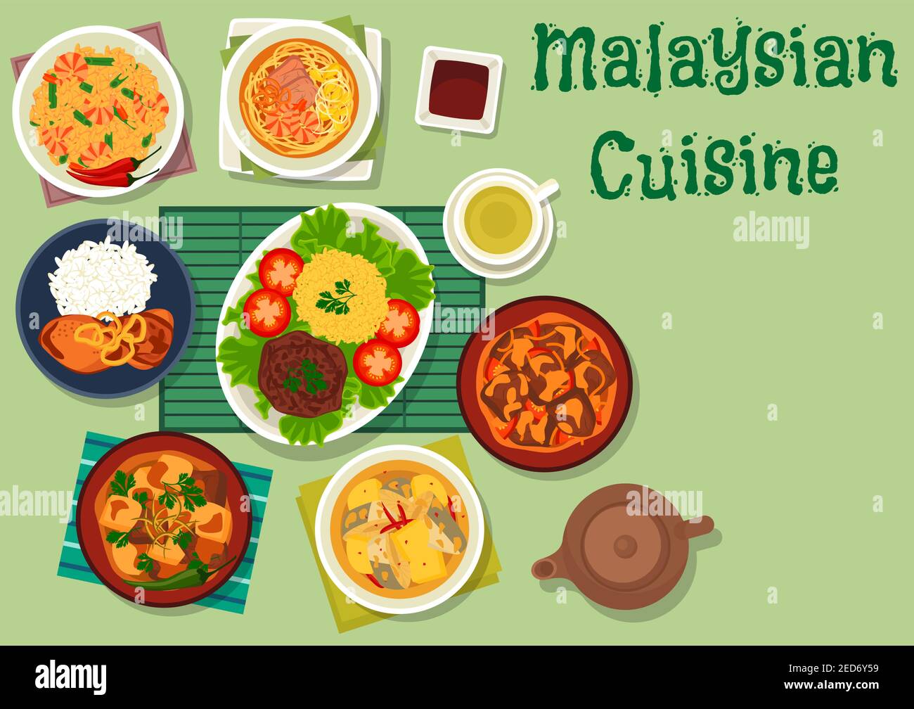 Malaysian cuisine icon of chicken with onion, spicy beef with rice ...