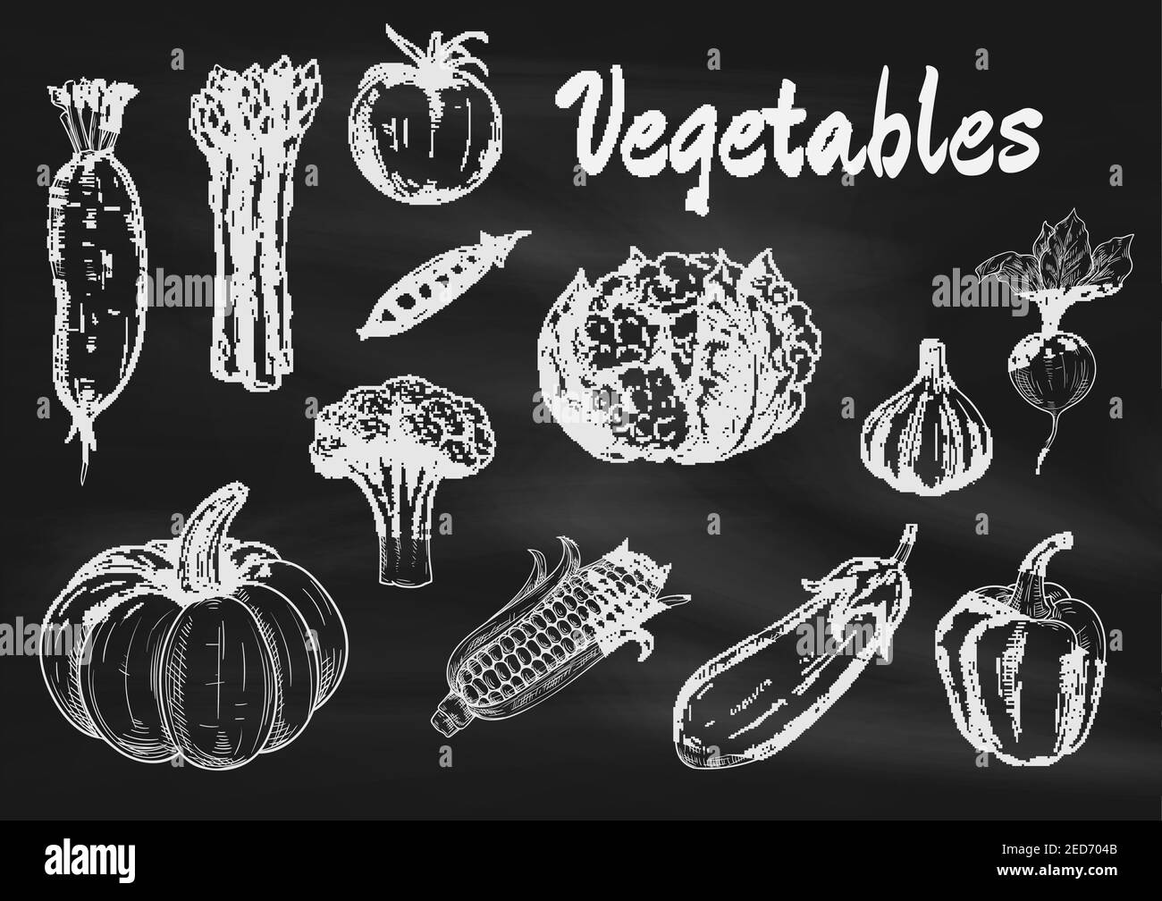 Vector chalk sketched vegetables on blackboard. Isolated icons of ...