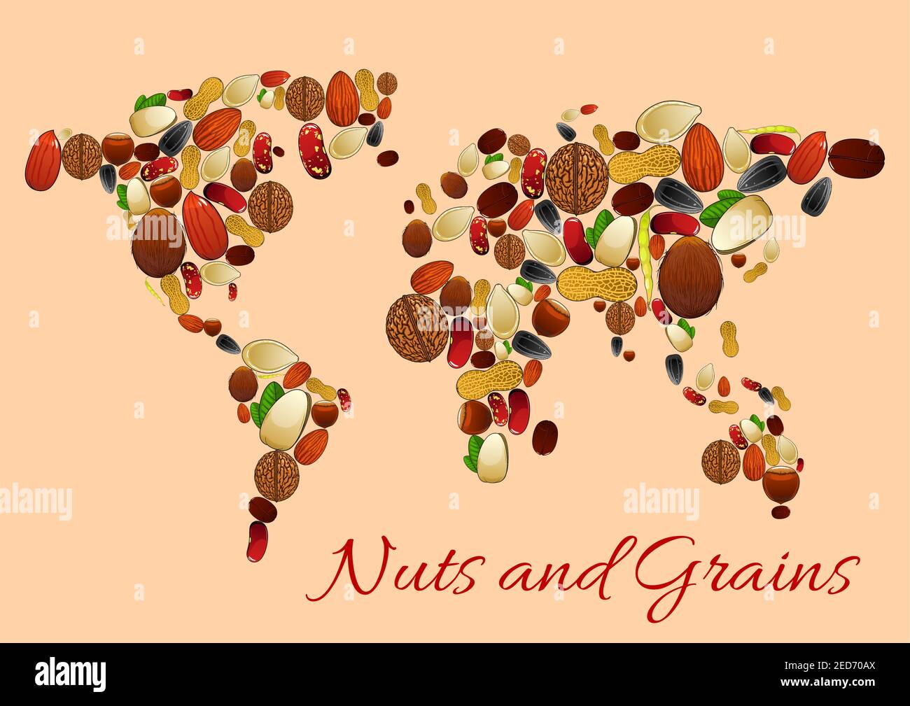 Nuts, seed and grains world map silhouette poster. Peanut, almond ...