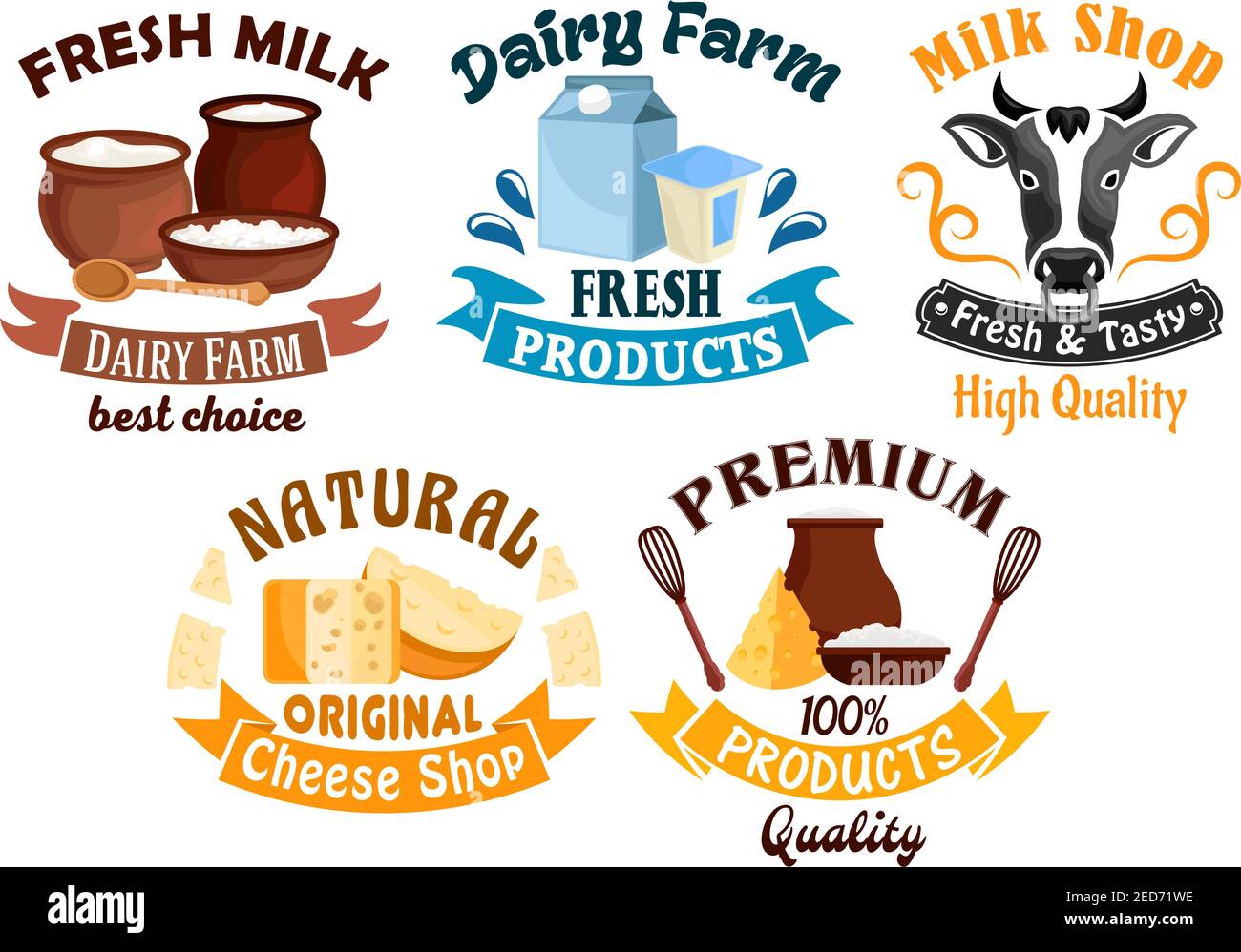 Milk and cheese shop, dairy farm badge set with fresh milk, natural ...