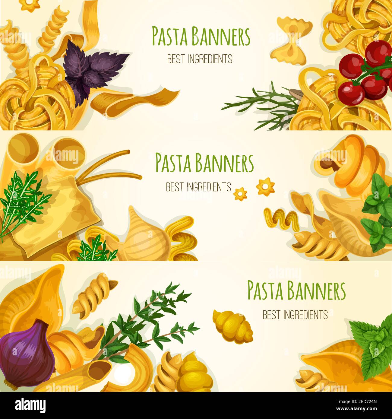 Italian pasta with tomato and basil banner set. Traditional macaroni ...