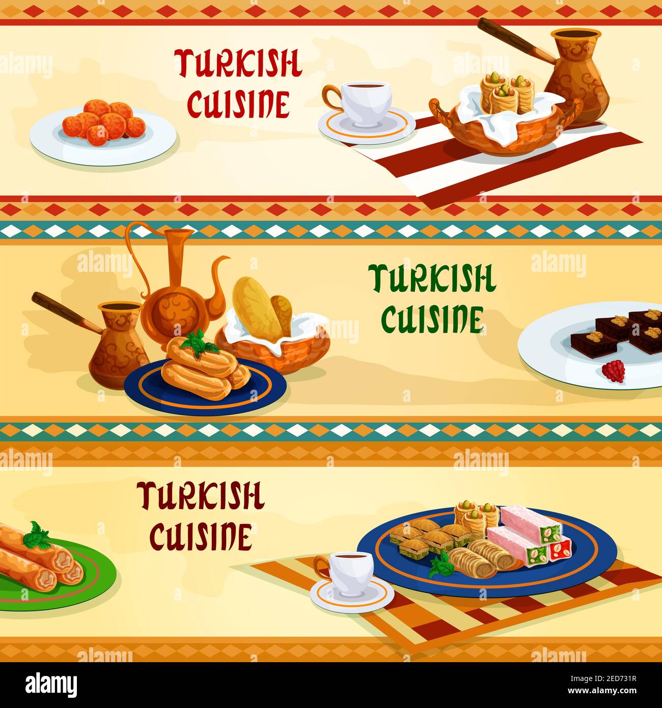 Turkish cuisine pastry and sweets with coffee banner set. Nut and honey ...