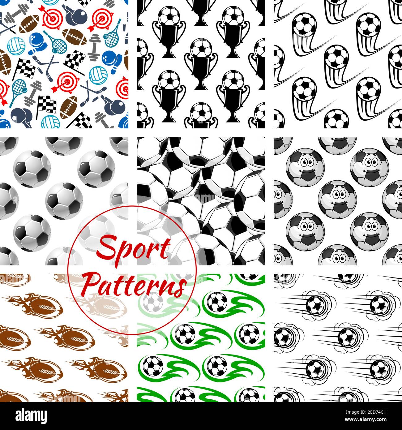 Sport patterns of soccer and rugby balls and sports gaming items of ...