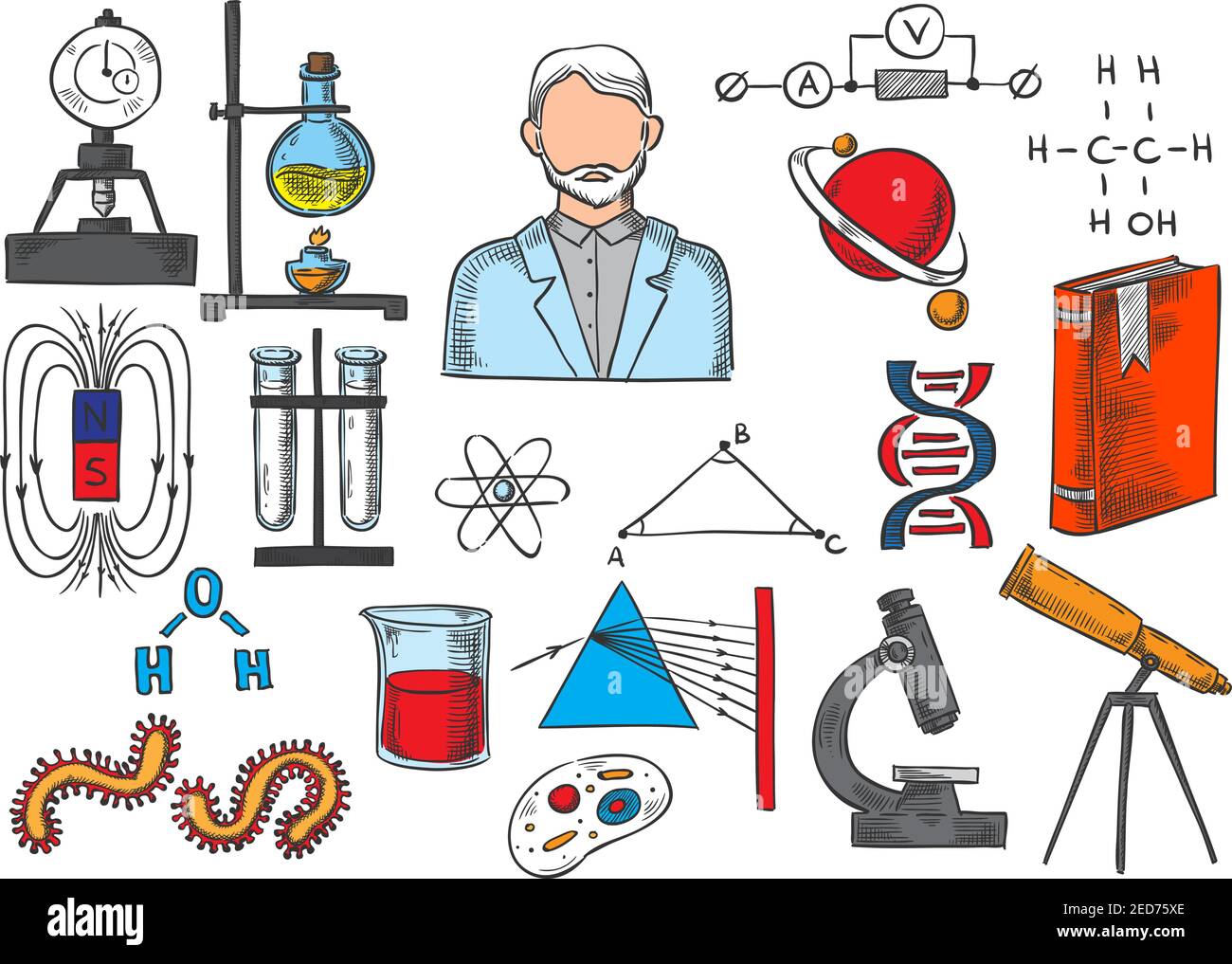 Science and research sketch icons of biology, mathematics, geometry ...