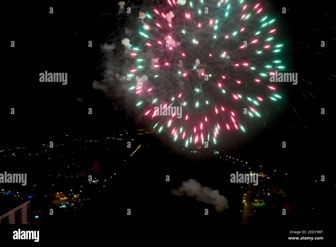 New Year's fireworks, inside view of the fireworks, colorful flashes of ...