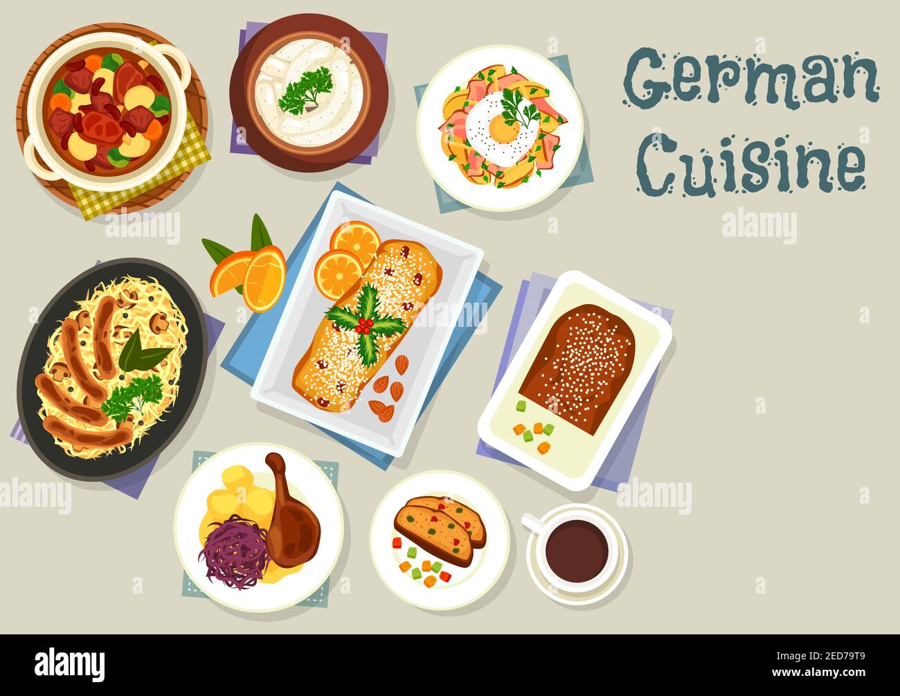 German cuisine Christmas dinner icon with pork sausage, cabbage ...
