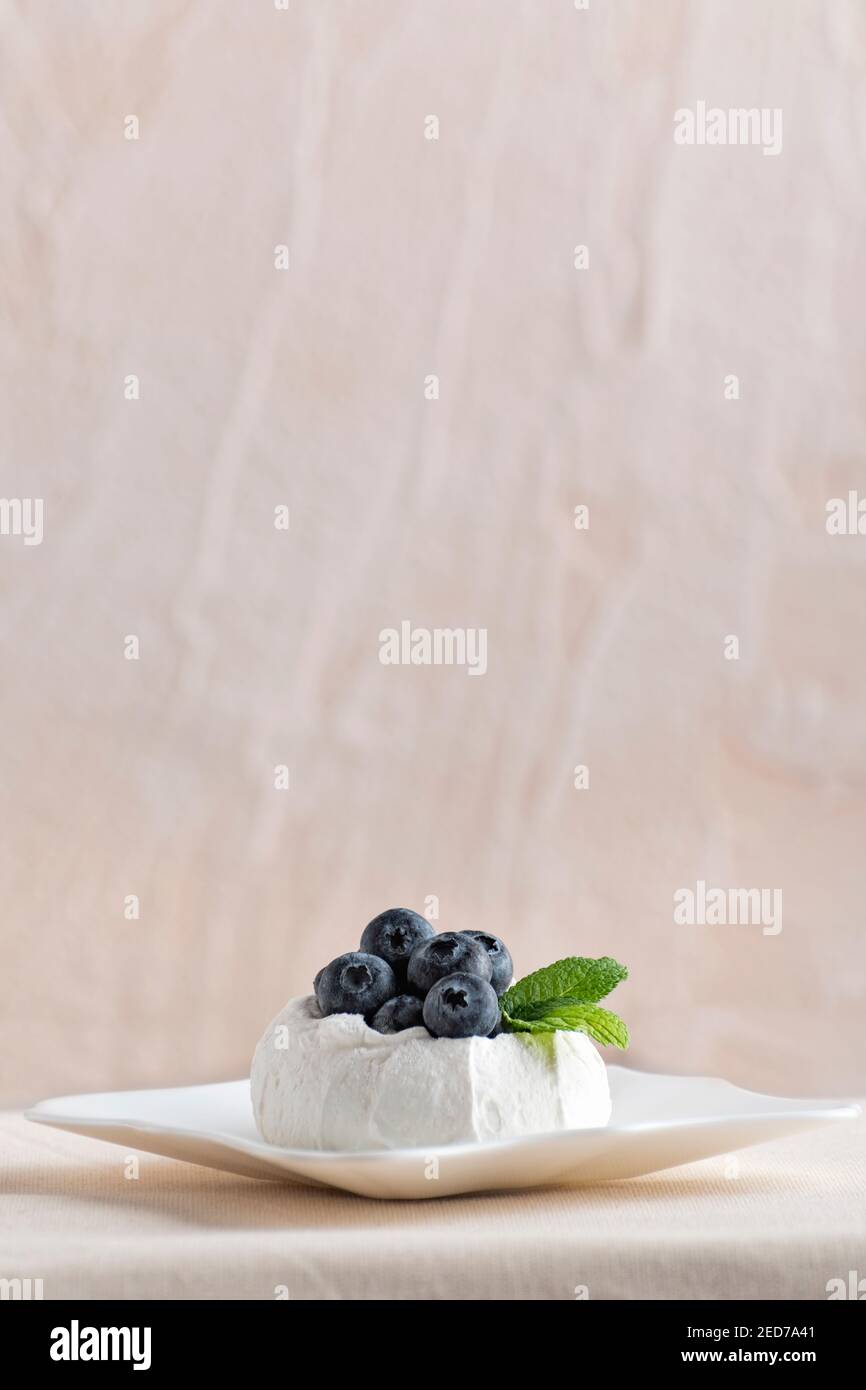 Berry dessert on saucer. Meringue with fresh blueberries. Side view ...