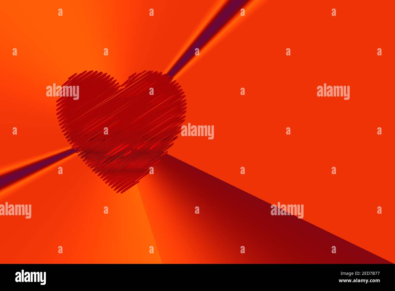 Illustration of a shaded red heart on vibrant red toned background ...