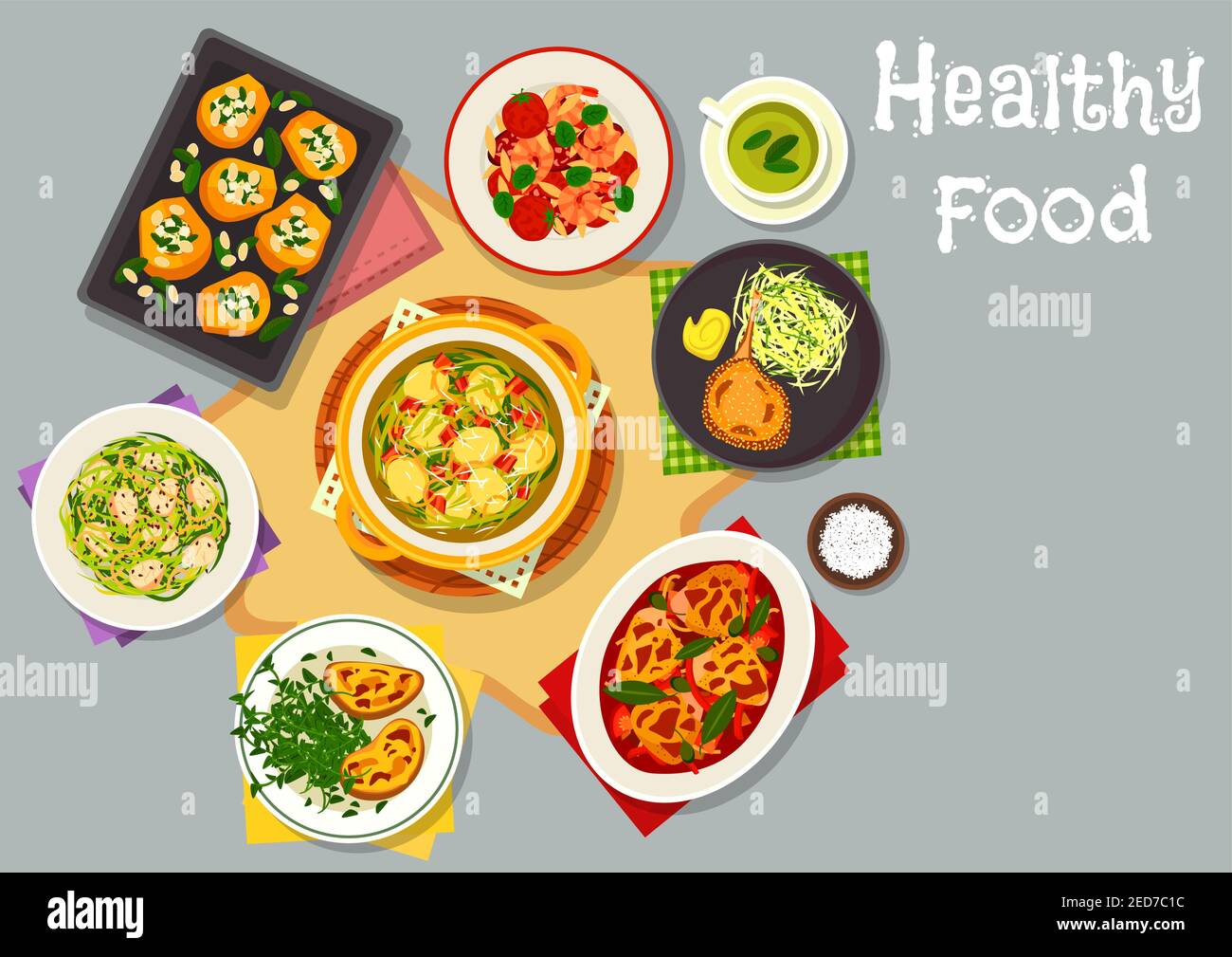 Healthy food for lunch menu icon with chicken vegetable stew, shrimp ...