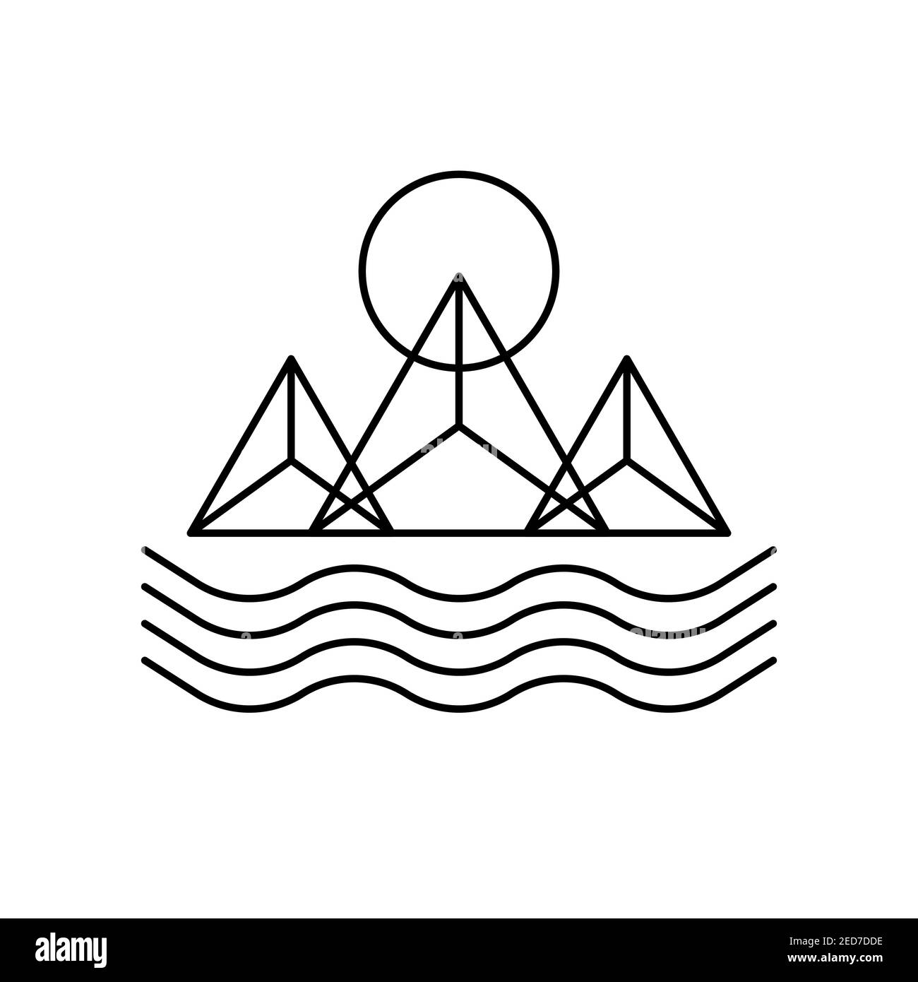 Mountain geometric minimal line landscape with lake and sun. Vector ...