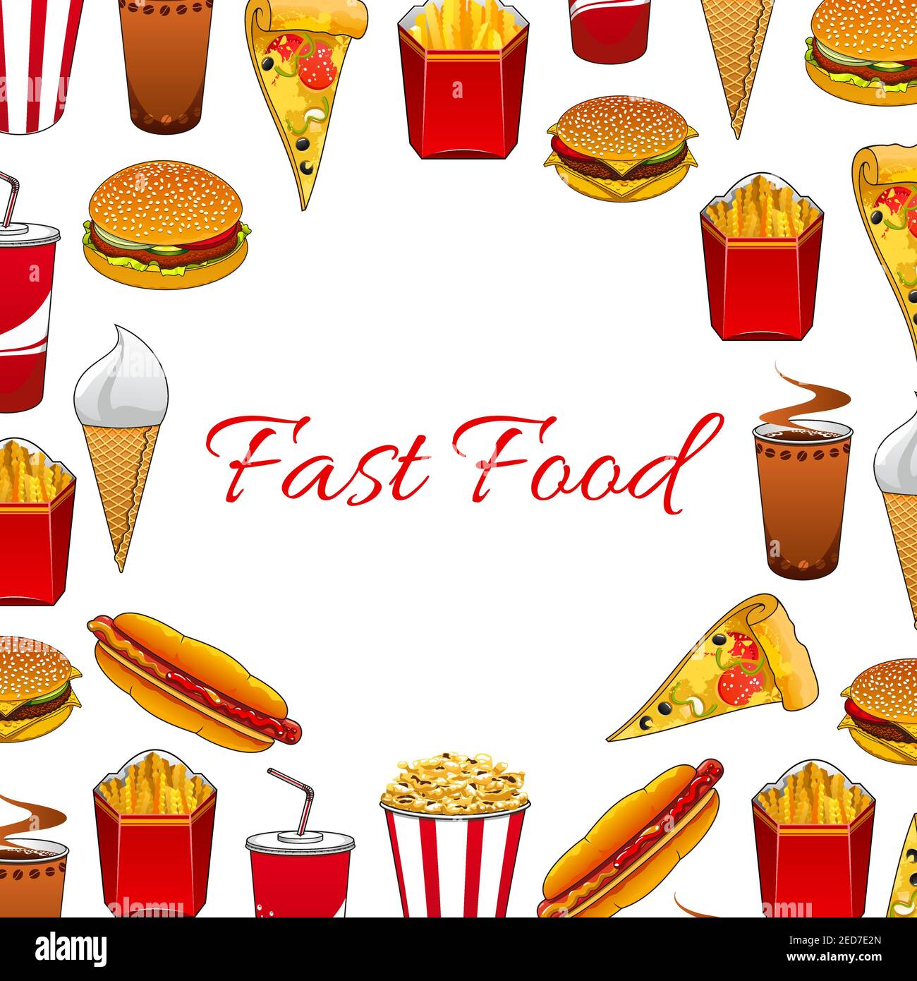 Fast food dishes and takeaway drinks poster. Hamburger, pizza, hot dog ...