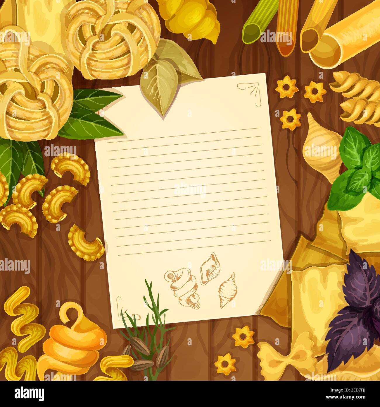 Italian cuisine cooking recipe with blank paper and pasta on wooden ...