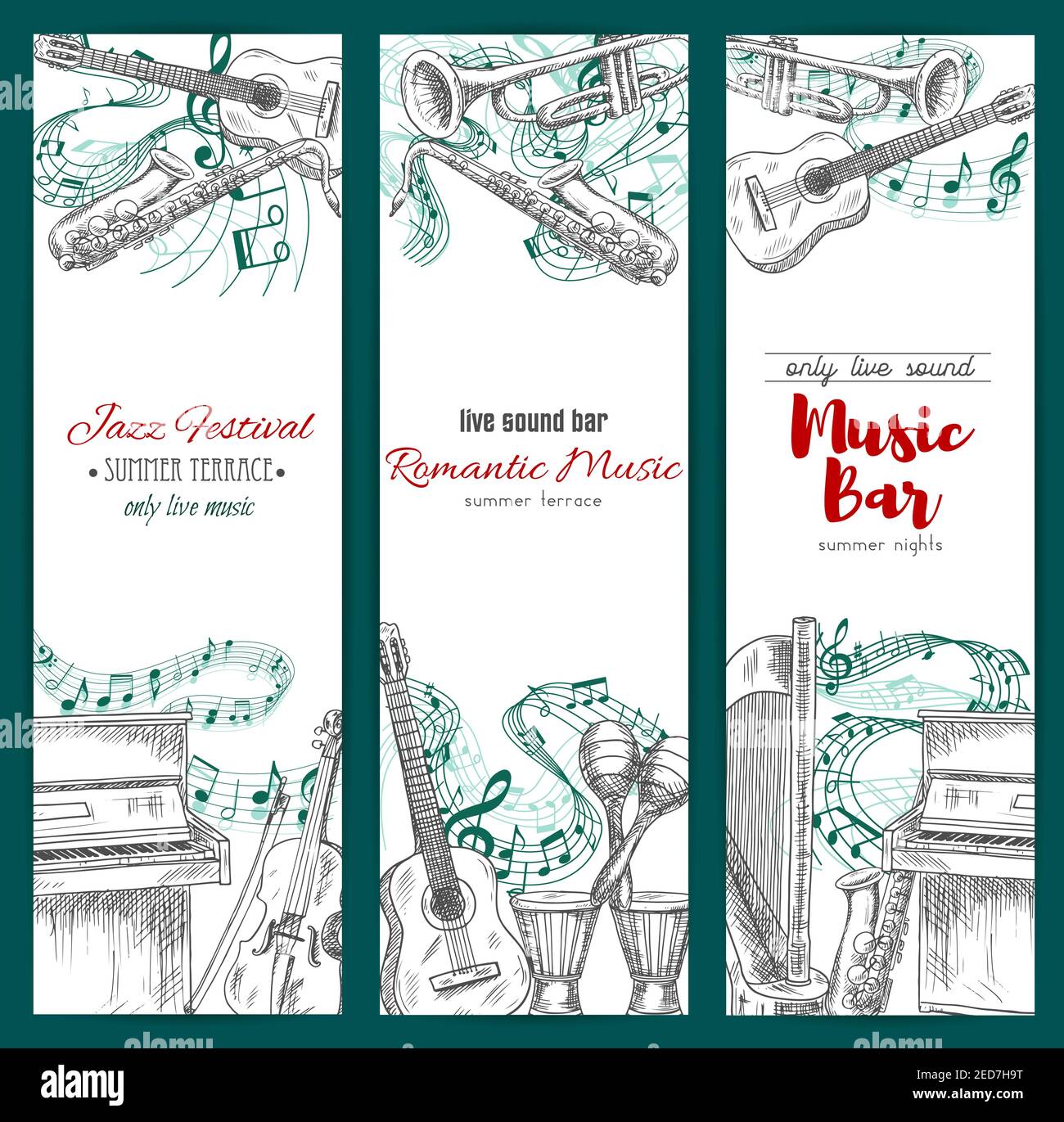 Musical festival, music bar banners set. Vector sketch musical ...