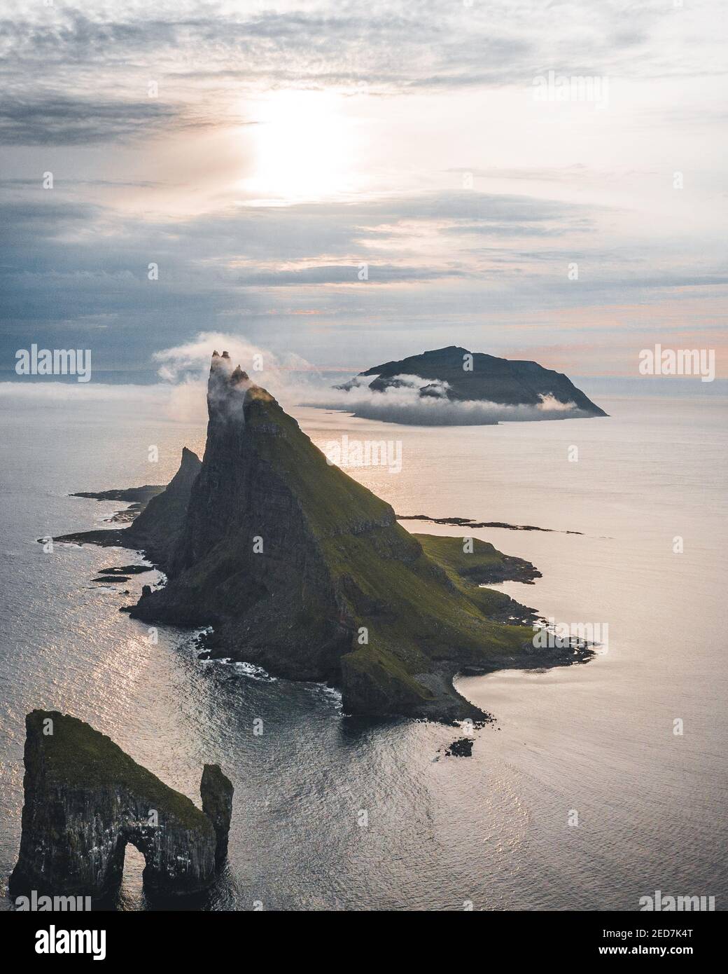 Drangarnir and Tindholmur on Faroe Islands Vagar, aerial drone view ...