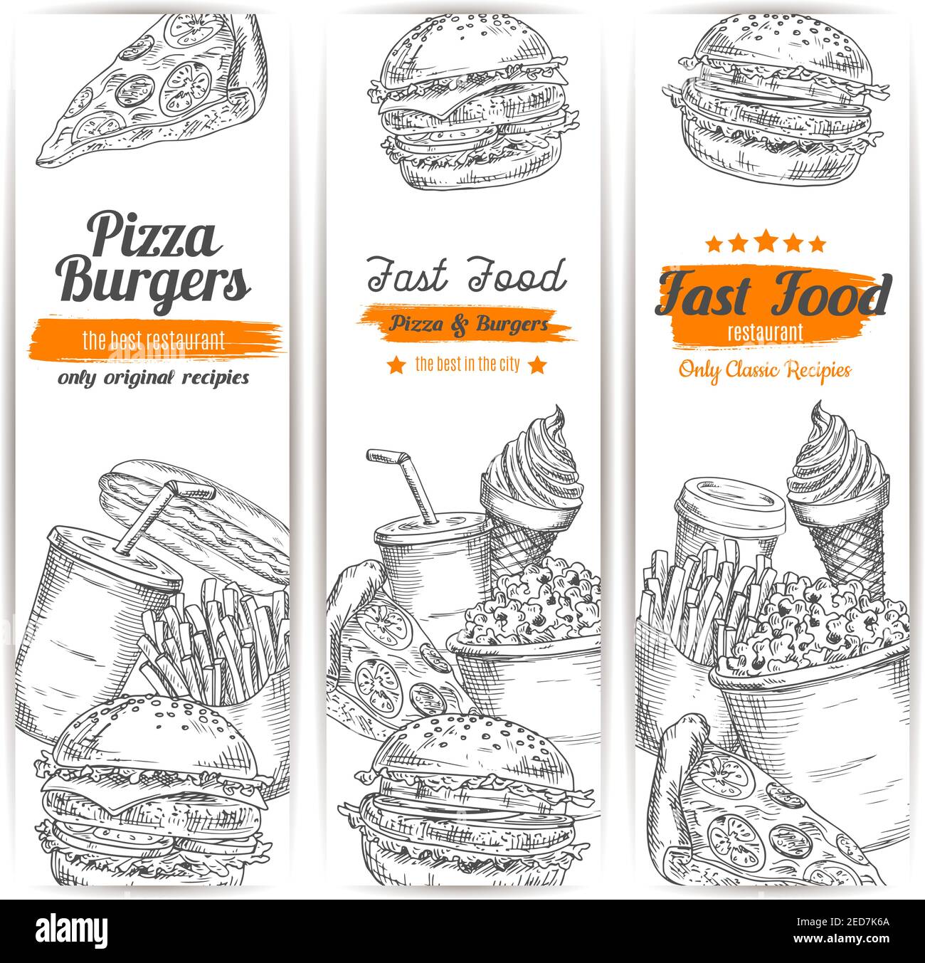 Fast food sketch. Banners set of cheeseburger, hot dog, french fries ...