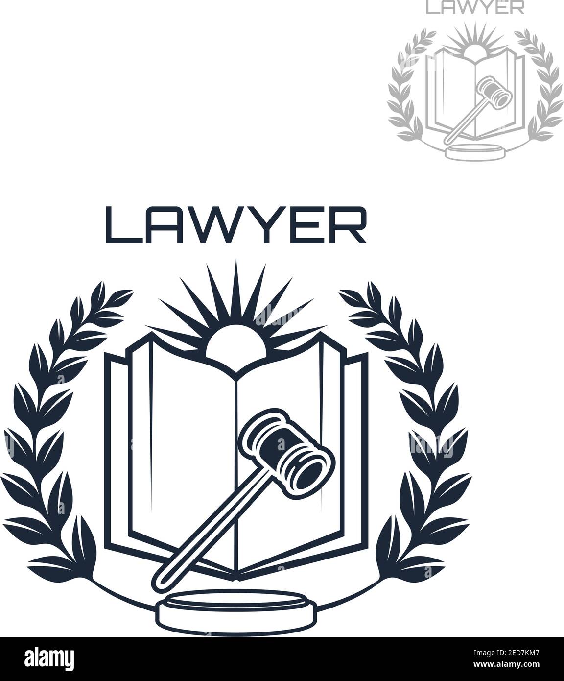 Lawyer or advocate emblem of judge gavel, open book, heraldic laurel ...
