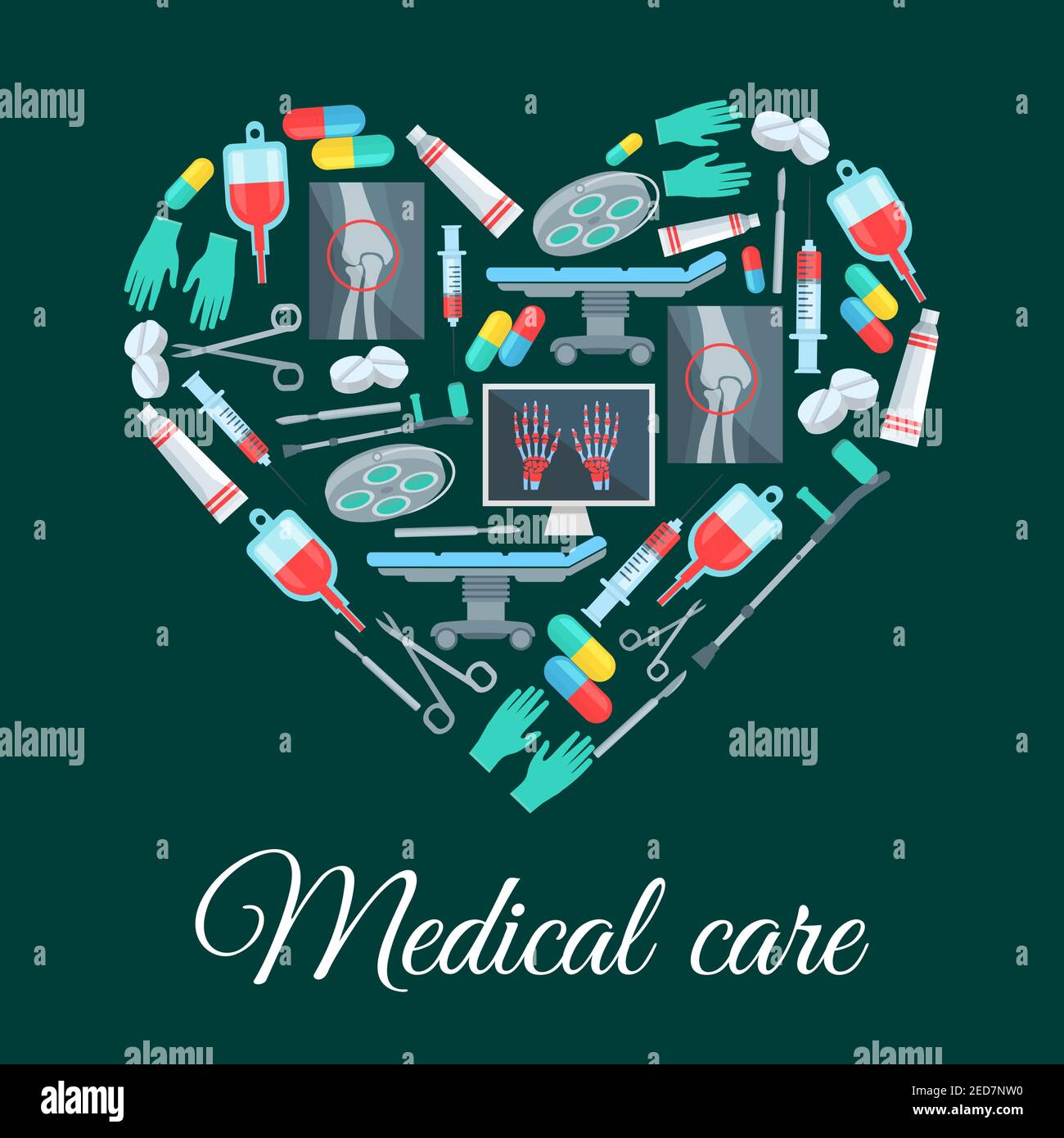 Medicine heart poster medical care items and tools. Vector surgery ...