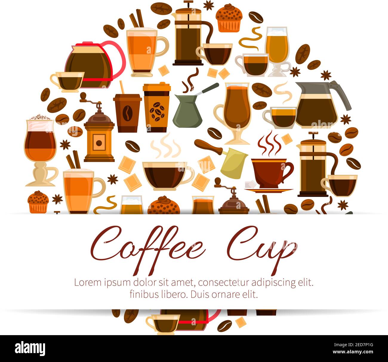 Coffee poster with coffee drinks cups. Hot espresso and creamy latte ...