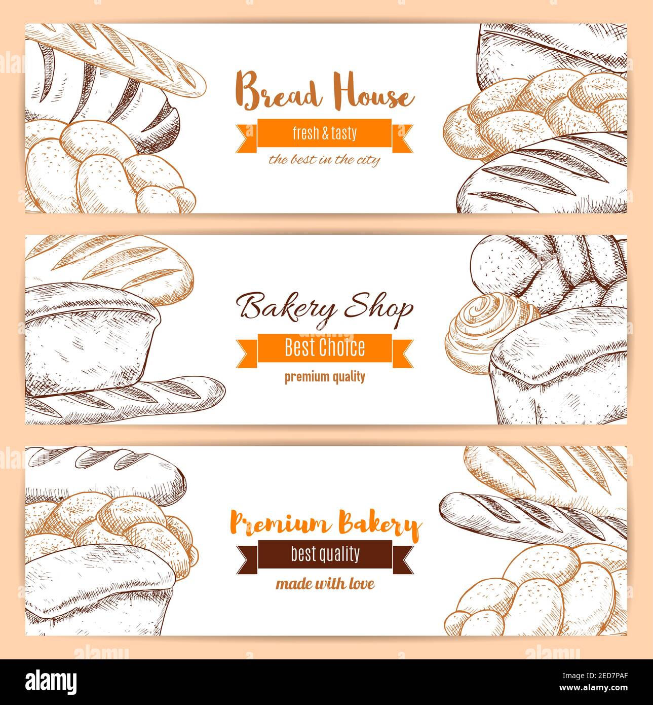 Bread banners of sketched bread assortment wheat bagel, rye loaf brick ...