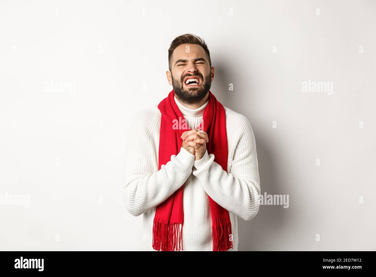 Christmas holidays and New Year concept. Man in need begging for help ...
