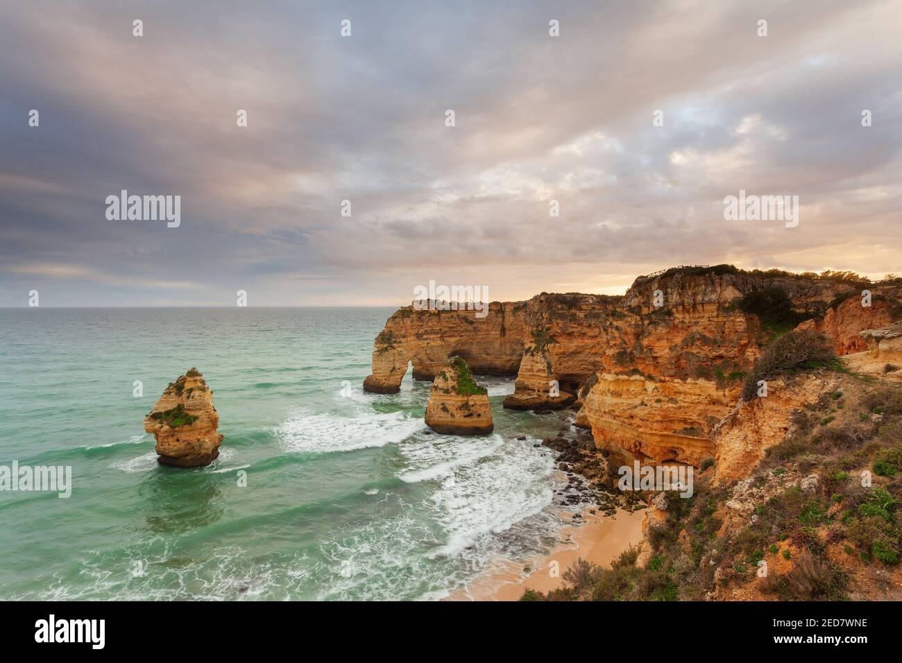 Landscape on the Algarve coast at sunset. Beach in southern Portugal ...