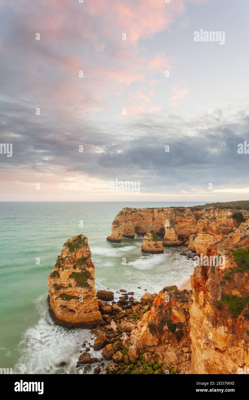 Landscape on the Algarve coast at sunset. Beach in southern Portugal ...