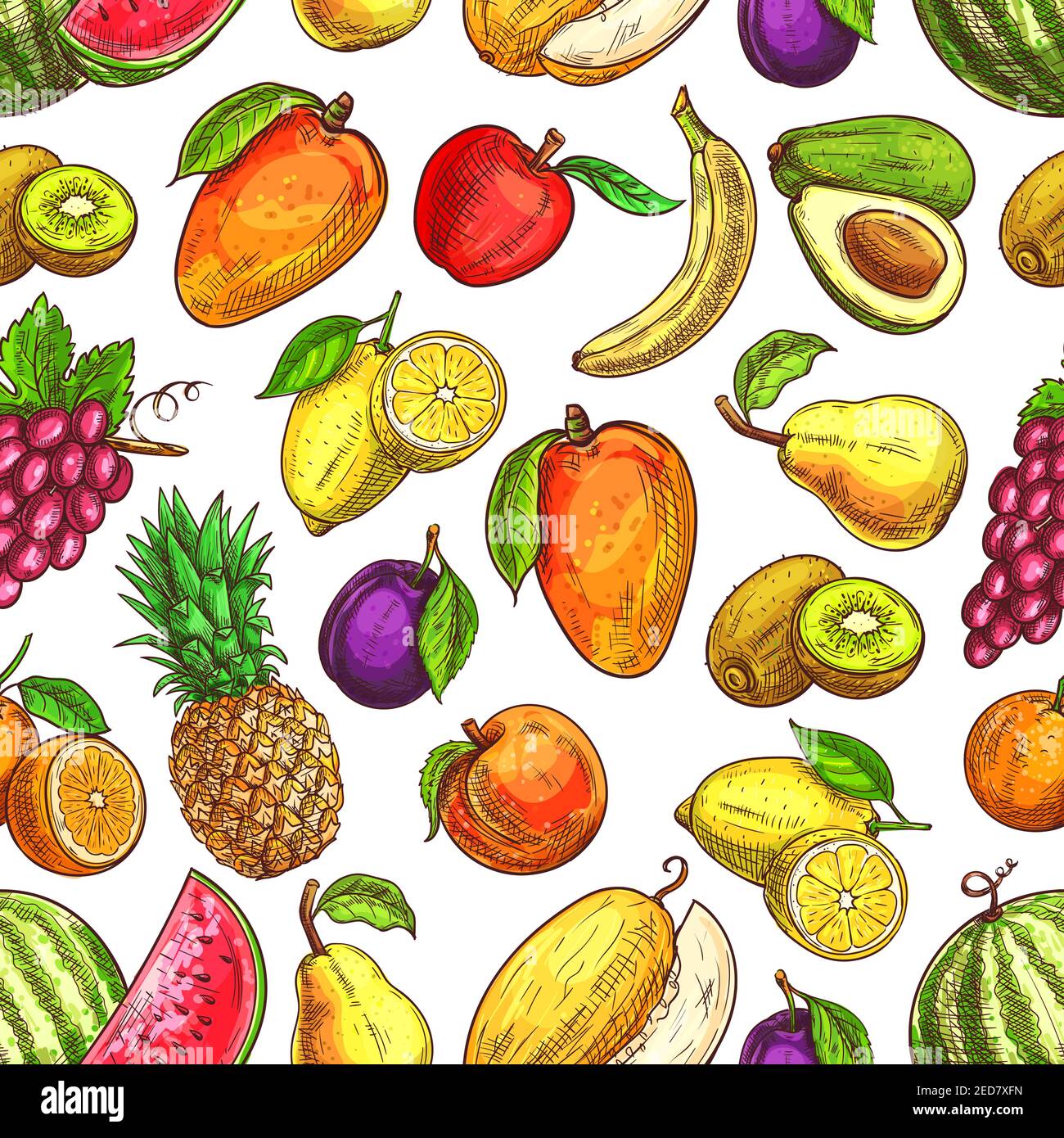 Fruit seamless pattern background of apple, orange, banana, plum, grape ...