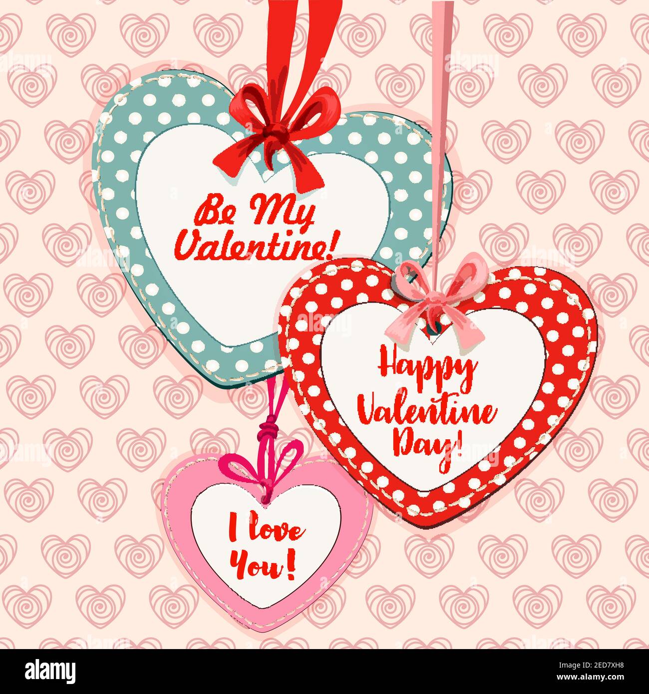 Valentine Day greeting poster. Heart shaped Valentine cards hanging on ...