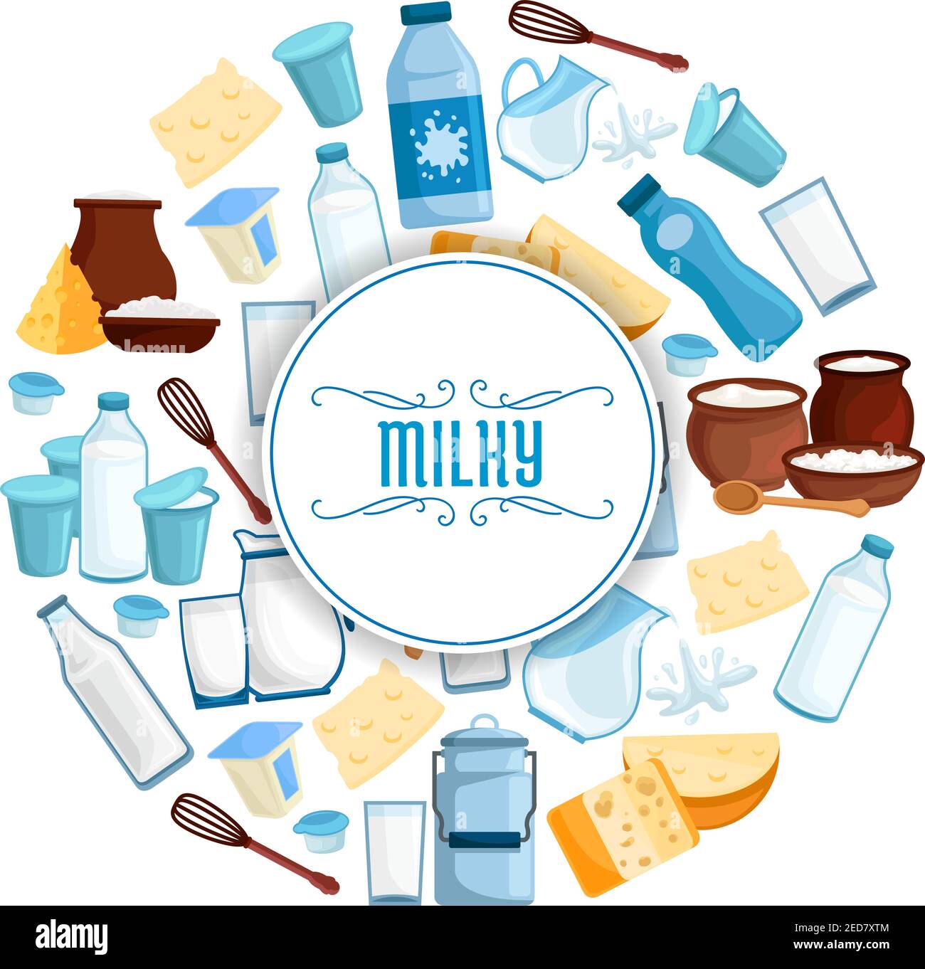 Milky products poster of vector milk and dairy products. Butter, sour ...