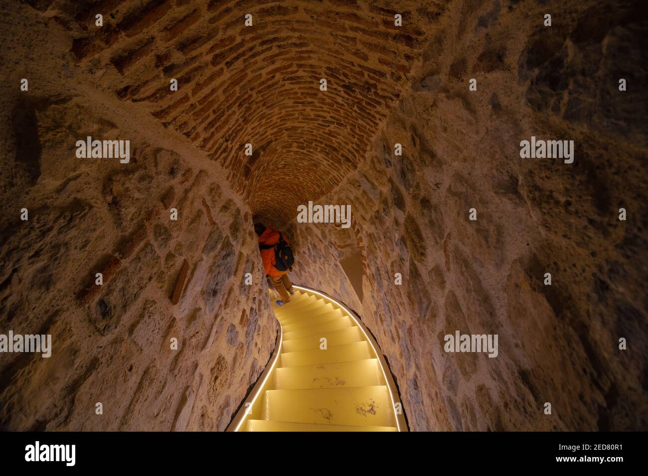 Stairs of the historical building. Led lights on the stairs. Historical ...