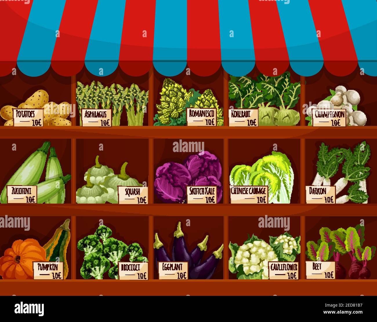 Food market store with vegetable showcase. Shop with potato and ...