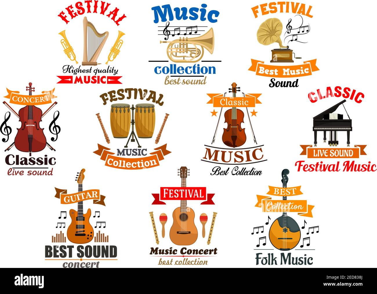 Instruments for music and melody notes with ribbon set of icons. Drum ...