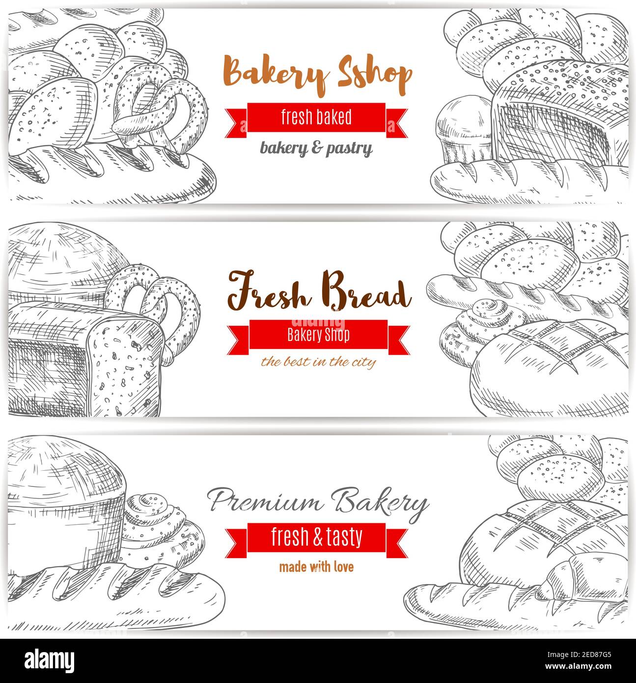 Bread and kringle, pastry and bakery sketch banner. Loaf of cereal rye ...