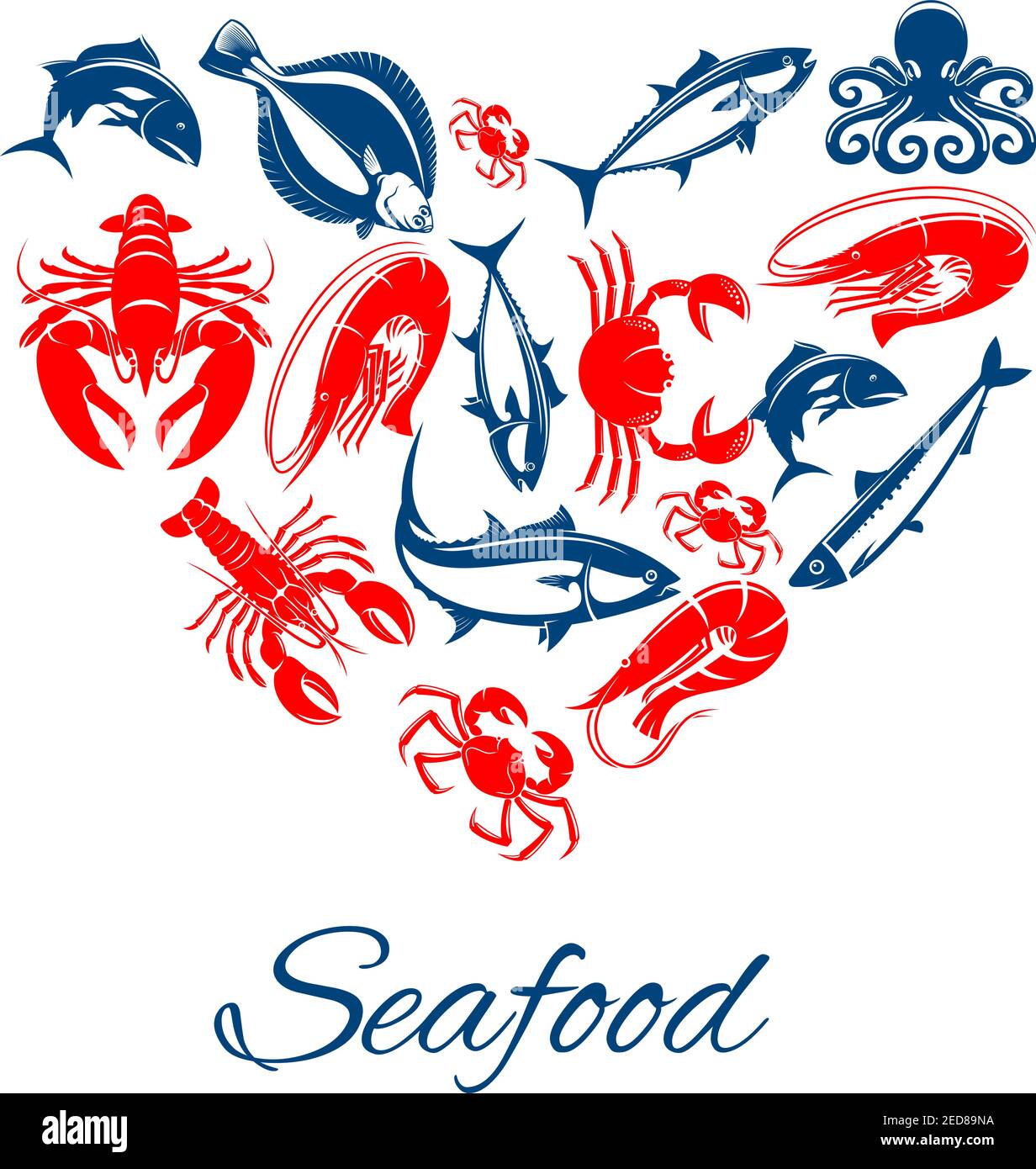 Seafood vector poster designed in heart shape of sea food fish, shrimp ...