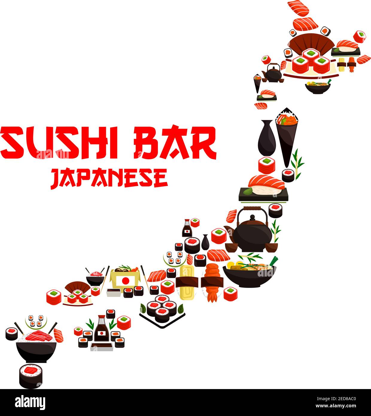 Seafood in Japan map of sushi rolls and salmon sashimi, wok steamed ...