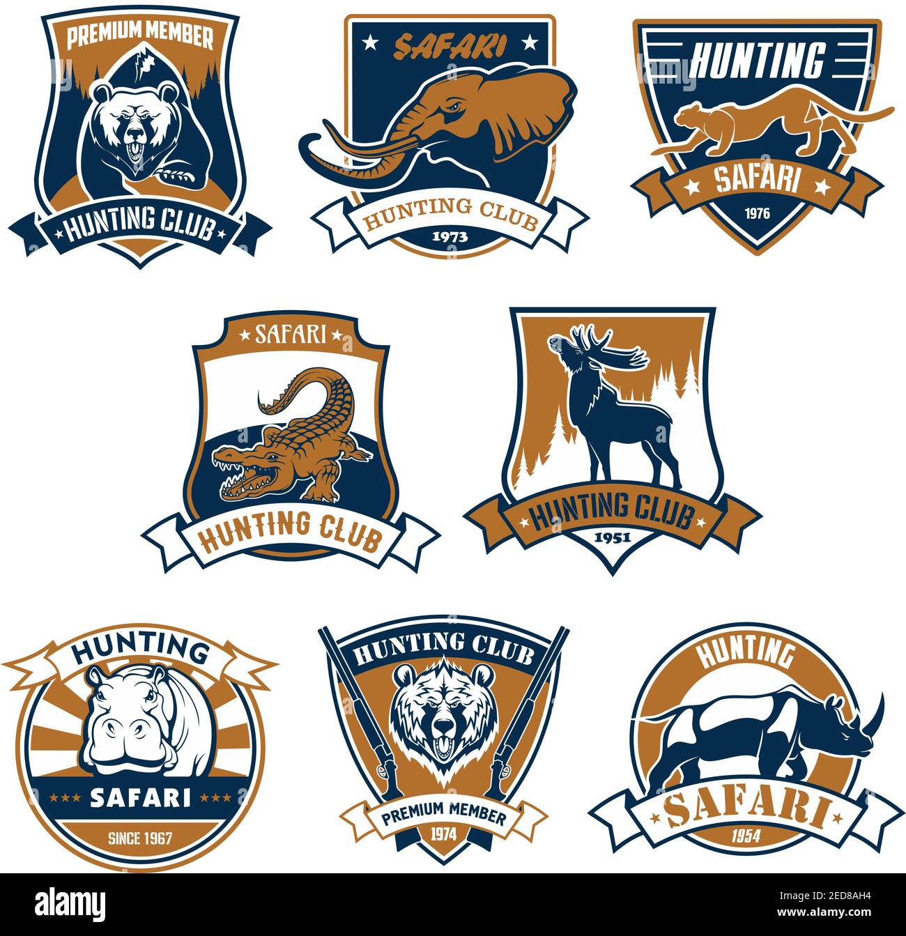 Hunting club emblems set. Icons and ribbons with wild and african ...