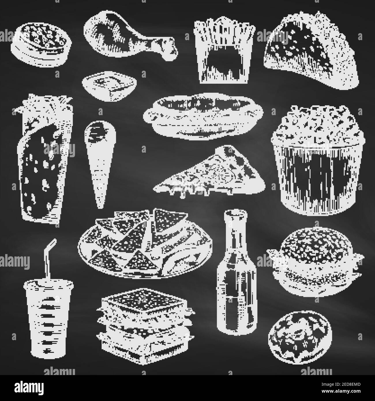 Fast american food sketch on chalkboard or blackboard. Chalk drawing of ...