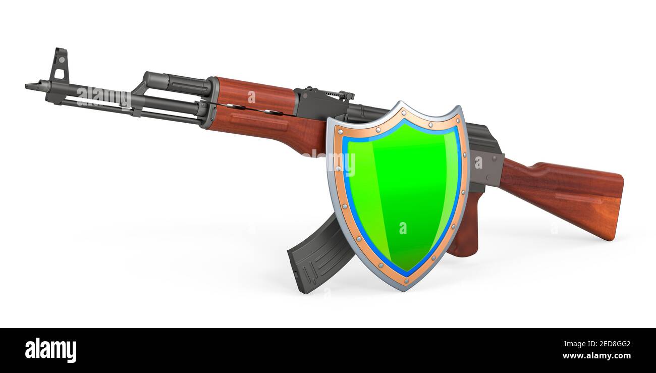 Assault rifle with shield, 3D rendering isolated on white background ...