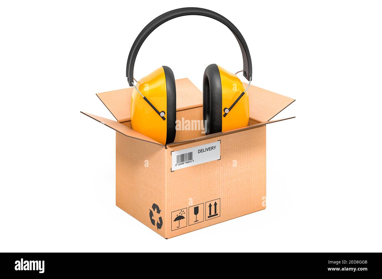 Ear defenders inside cardboard box, delivery concept. 3D rendering ...