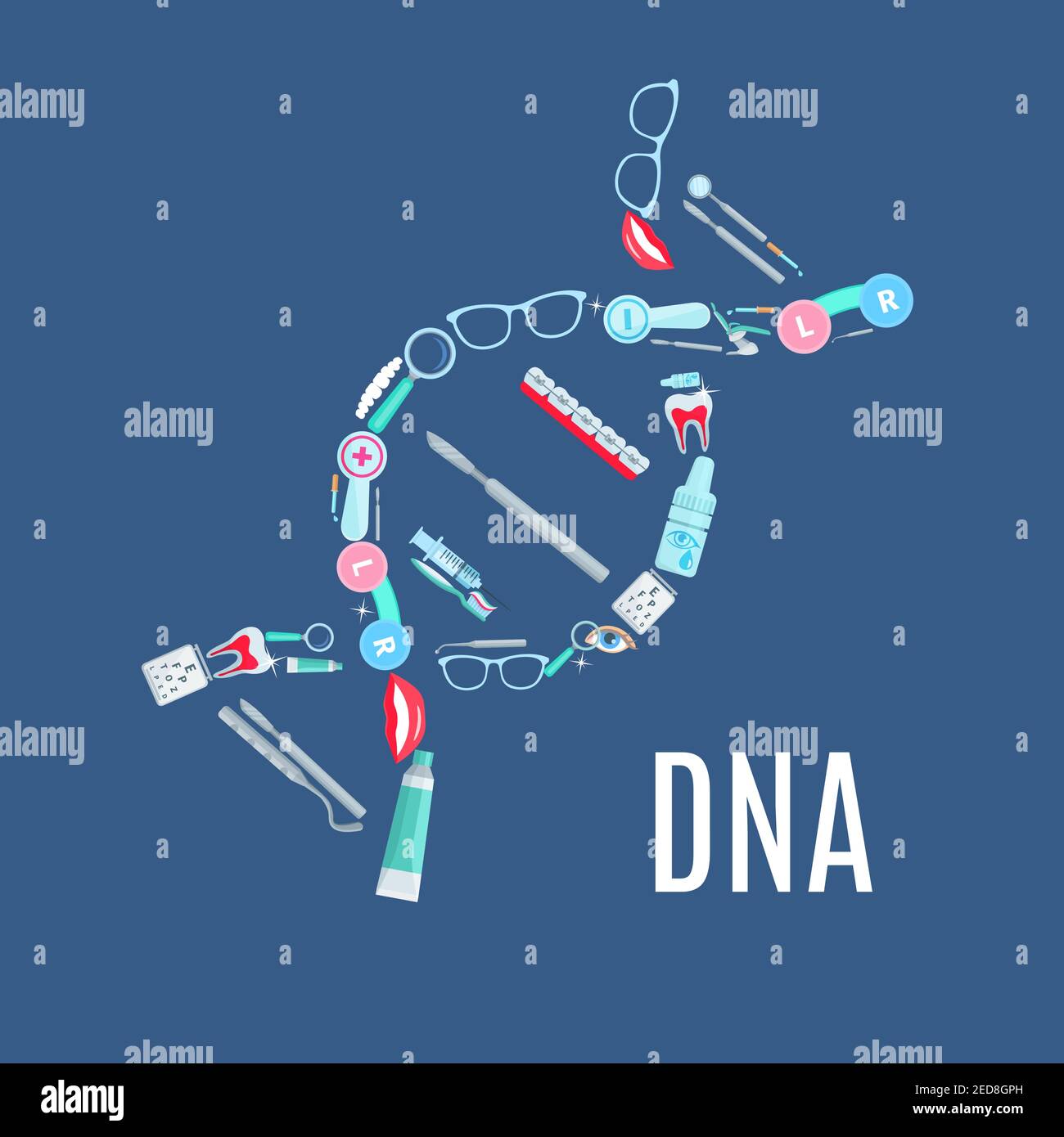 Dentistry and ophthalmology medical items in symbol of DNA helix ...