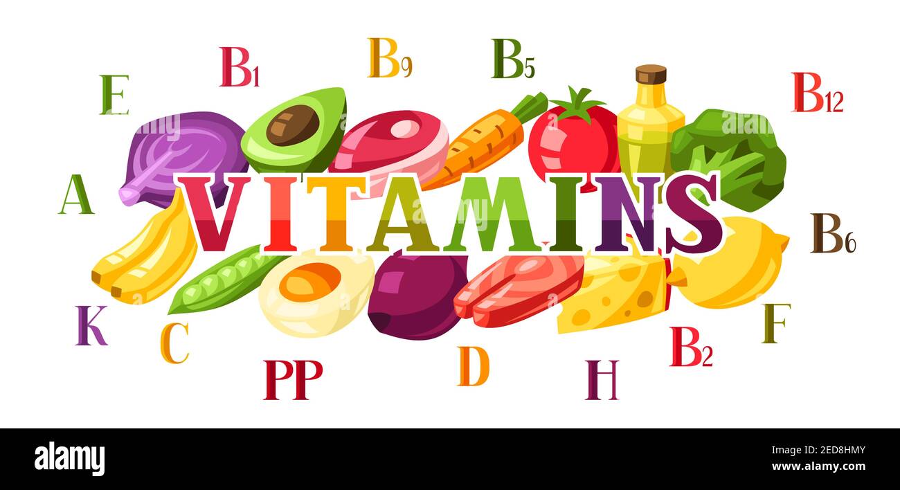 Vitamin food sources illustration Stock Vector Image & Art - Alamy