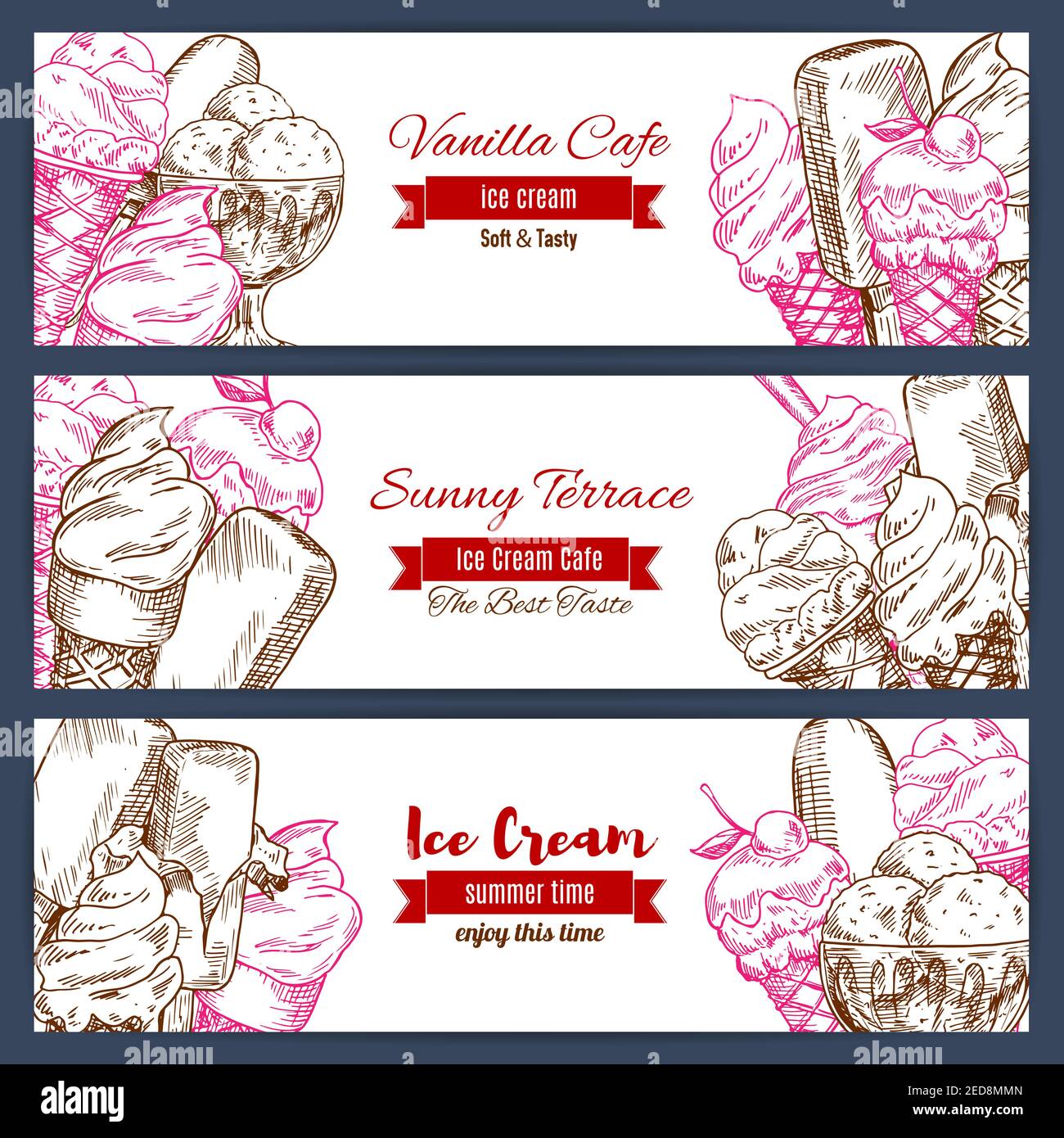 Ice cream banners. Frozen desserts assortment. Vector sketch set of ...