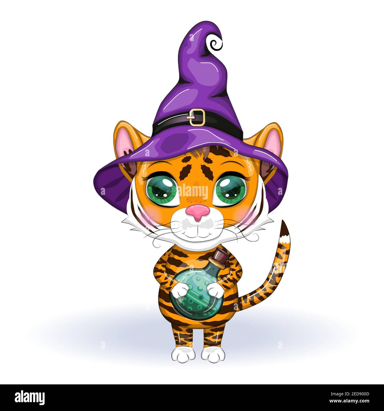 Cute cartoon tiger with beautiful eyes, orange in a purple cloak and a ...