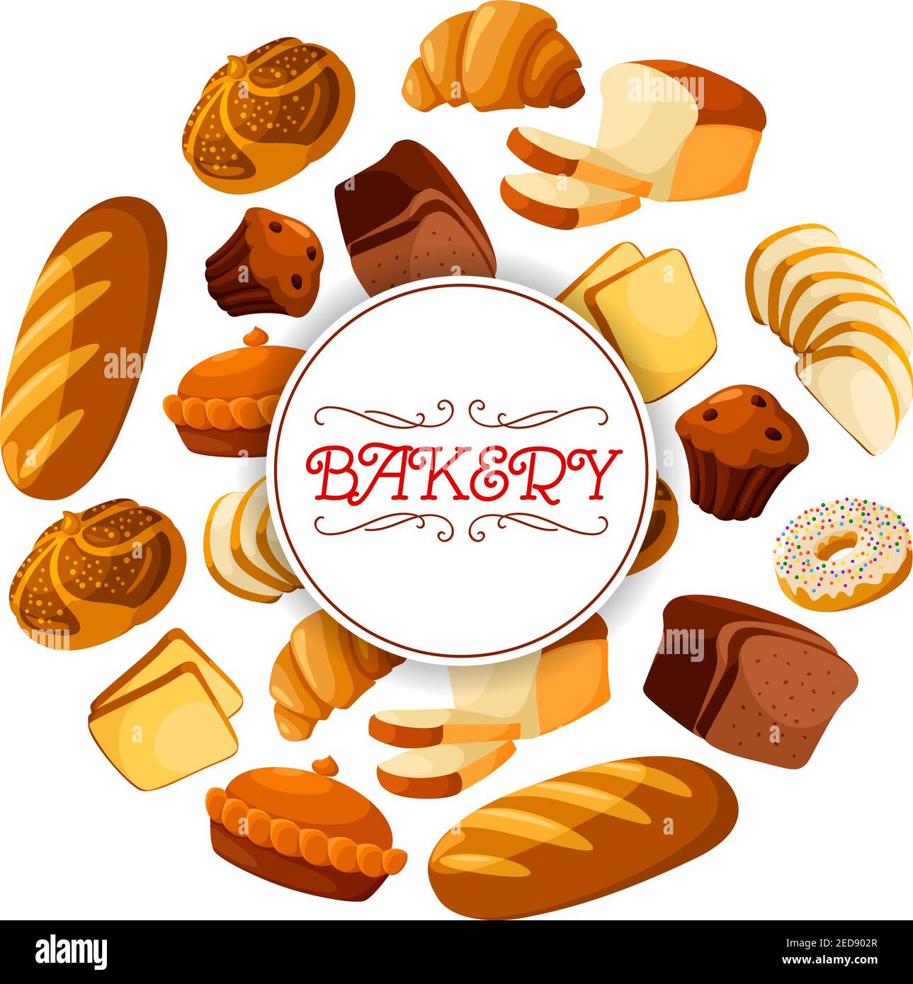 Bakery food or bread loaf, baguette banner. Butterbrot or brick rye ...